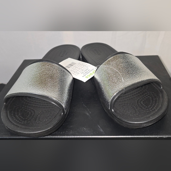 CROCS | Shoes | Crocs Silver And Black Sandals Sleek Metallic Finish ...